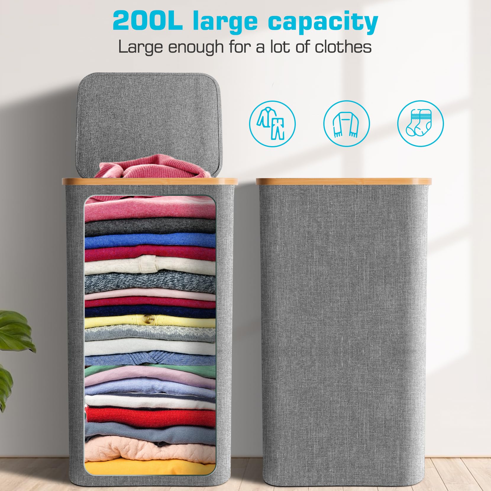 200L Laundry Hamper, HYSEYY 2-Pack Extra Large Laundry Baskets with Lid, Removable Inner Bags, Collapsible Rectangular Clothes Hamper, Laundry Organizer with Bamboo Handles for Laundry, Grey