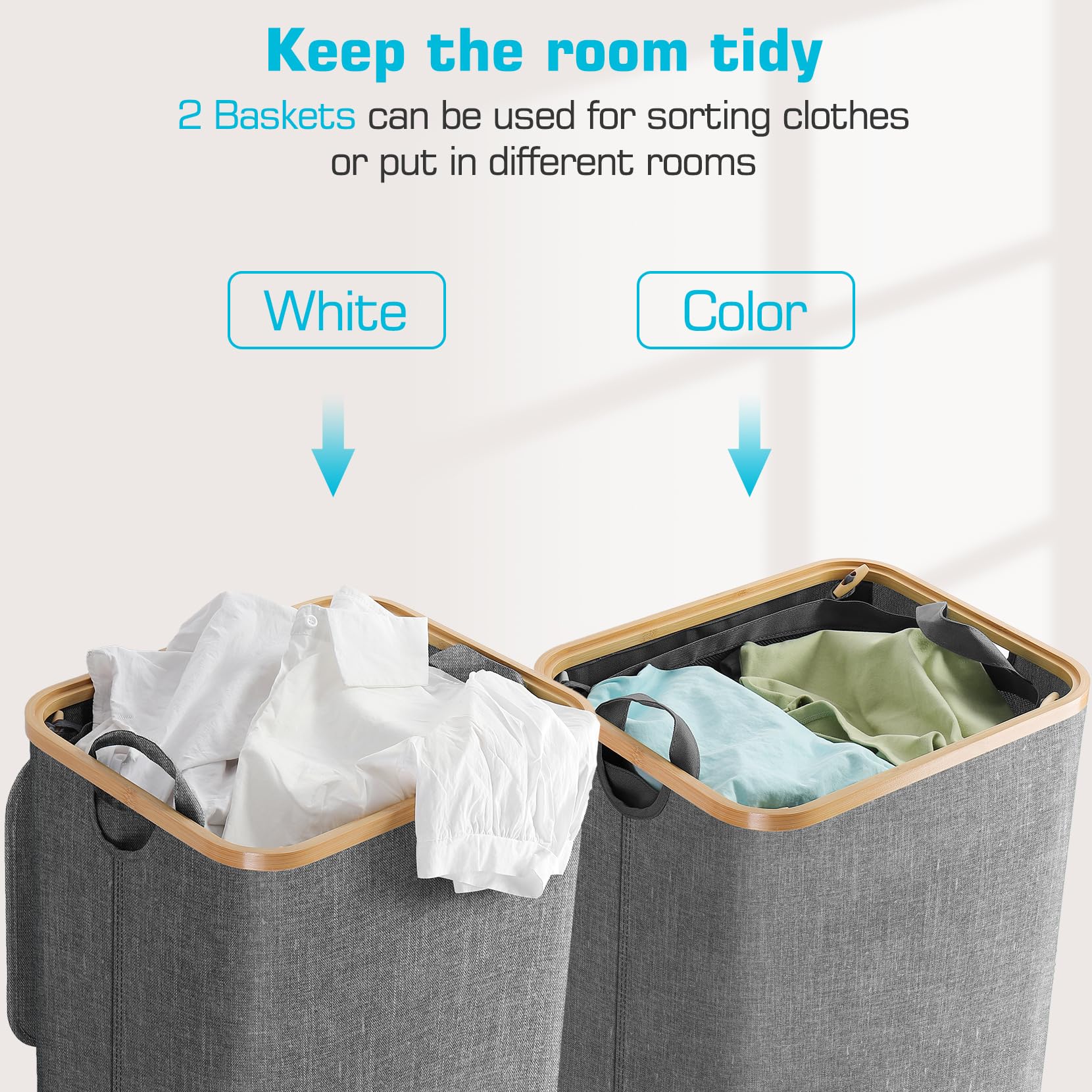 200L Laundry Hamper, HYSEYY 2-Pack Extra Large Laundry Baskets with Lid, Removable Inner Bags, Collapsible Rectangular Clothes Hamper, Laundry Organizer with Bamboo Handles for Laundry, Grey