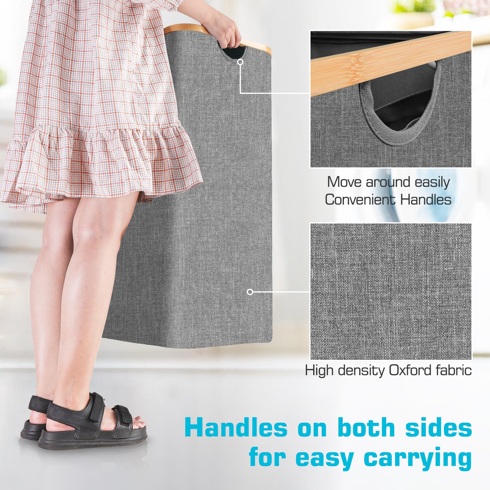 200L Laundry Hamper, HYSEYY 2-Pack Extra Large Laundry Baskets with Lid, Removable Inner Bags, Collapsible Rectangular Clothes Hamper, Laundry Organizer with Bamboo Handles for Laundry, Grey
