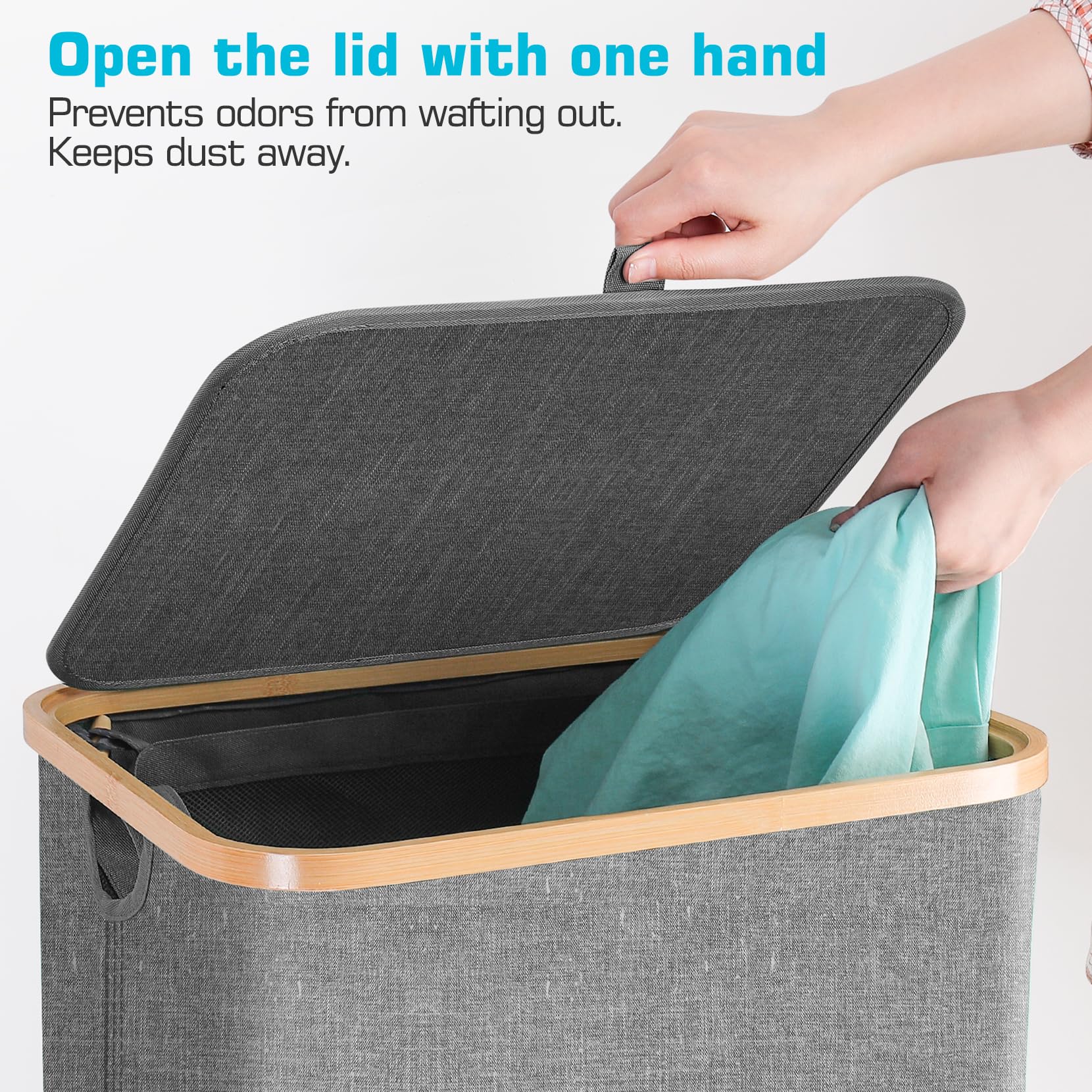 200L Laundry Hamper, HYSEYY 2-Pack Extra Large Laundry Baskets with Lid, Removable Inner Bags, Collapsible Rectangular Clothes Hamper, Laundry Organizer with Bamboo Handles for Laundry, Grey