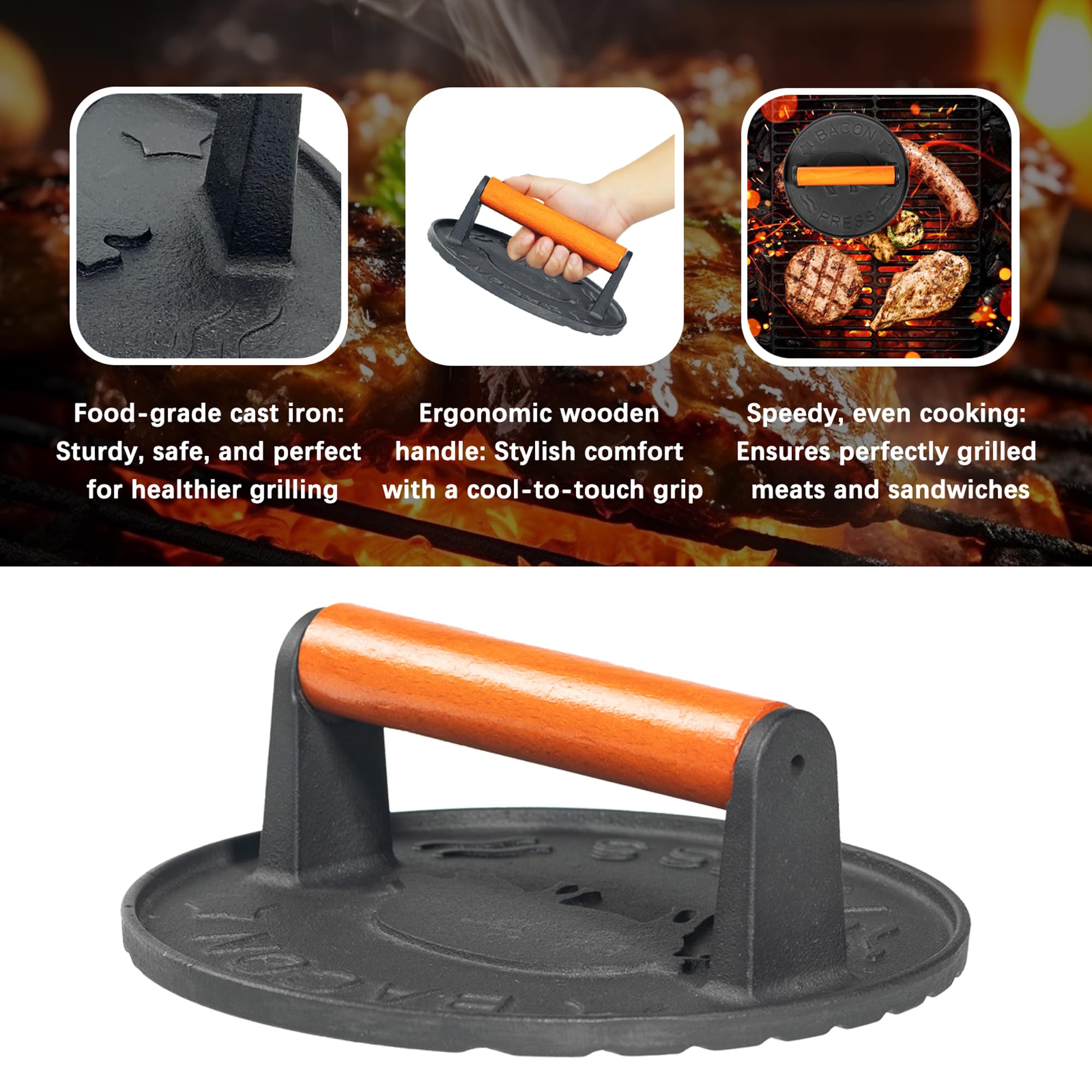 vivicreate 7 inch Burger Smasher,Patty Smasher,Hamburger Smasher Press,Griddle Press, Bacon Press, Grill Press, Burger Press,Meat Press, cast Iron Grill Press, Barbecue Press, with Wooden Handle