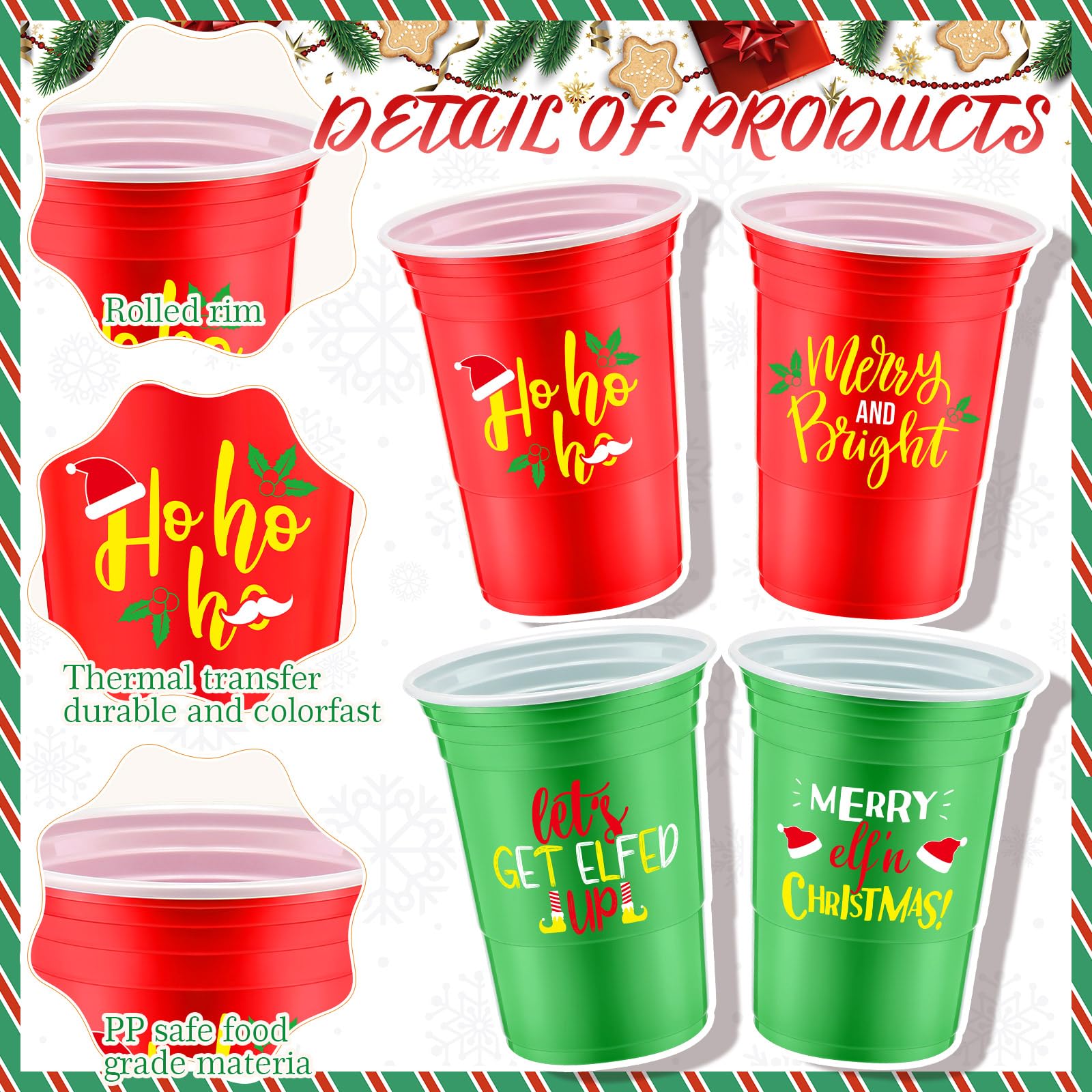Jinei 100 Pcs Disposable Christmas Cups 16 oz Christmas Plastic Party Cups Coffee Hot Cocoa and Hot Cold Drinks for Party Favors, Red Green