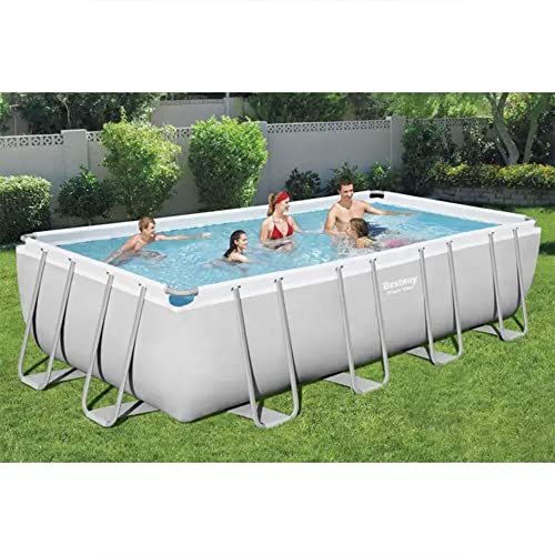 Bestway 18' x 9' x 4' Power Steel Frame Above Ground Rectangular Swimming Pool Set w/ 1000 GPH Sand Filter Pump, Pool Cover, Ladder, Skimmer, & Vacuum