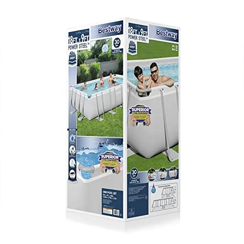Bestway 18' x 9' x 4' Power Steel Frame Above Ground Rectangular Swimming Pool Set w/ 1000 GPH Sand Filter Pump, Pool Cover, Ladder, Skimmer, & Vacuum