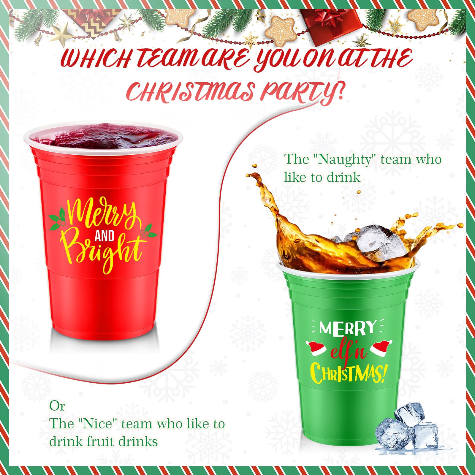 Jinei 100 Pcs Disposable Christmas Cups 16 oz Christmas Plastic Party Cups Coffee Hot Cocoa and Hot Cold Drinks for Party Favors, Red Green