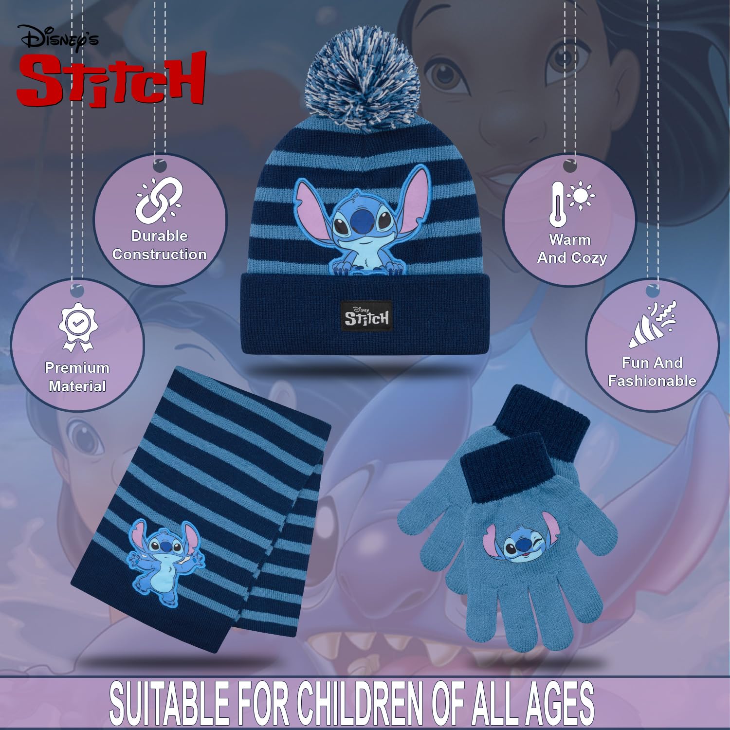 Disney Lilo and Stitch Kids Beanie Hat and Glove Set for Girls – Blue Stitch Hat for Girls Ages 5-13