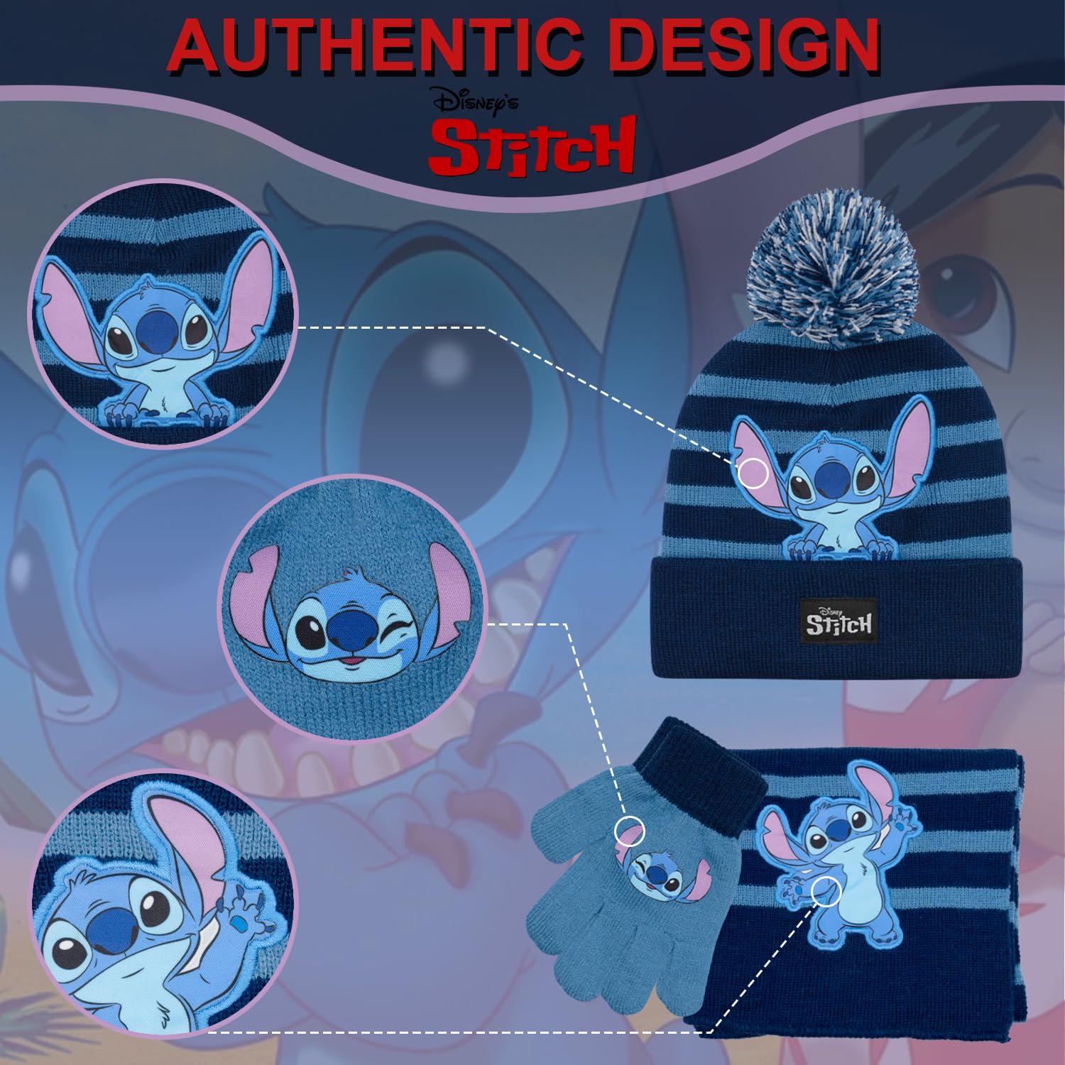 Disney Lilo and Stitch Kids Beanie Hat and Glove Set for Girls – Blue Stitch Hat for Girls Ages 5-13