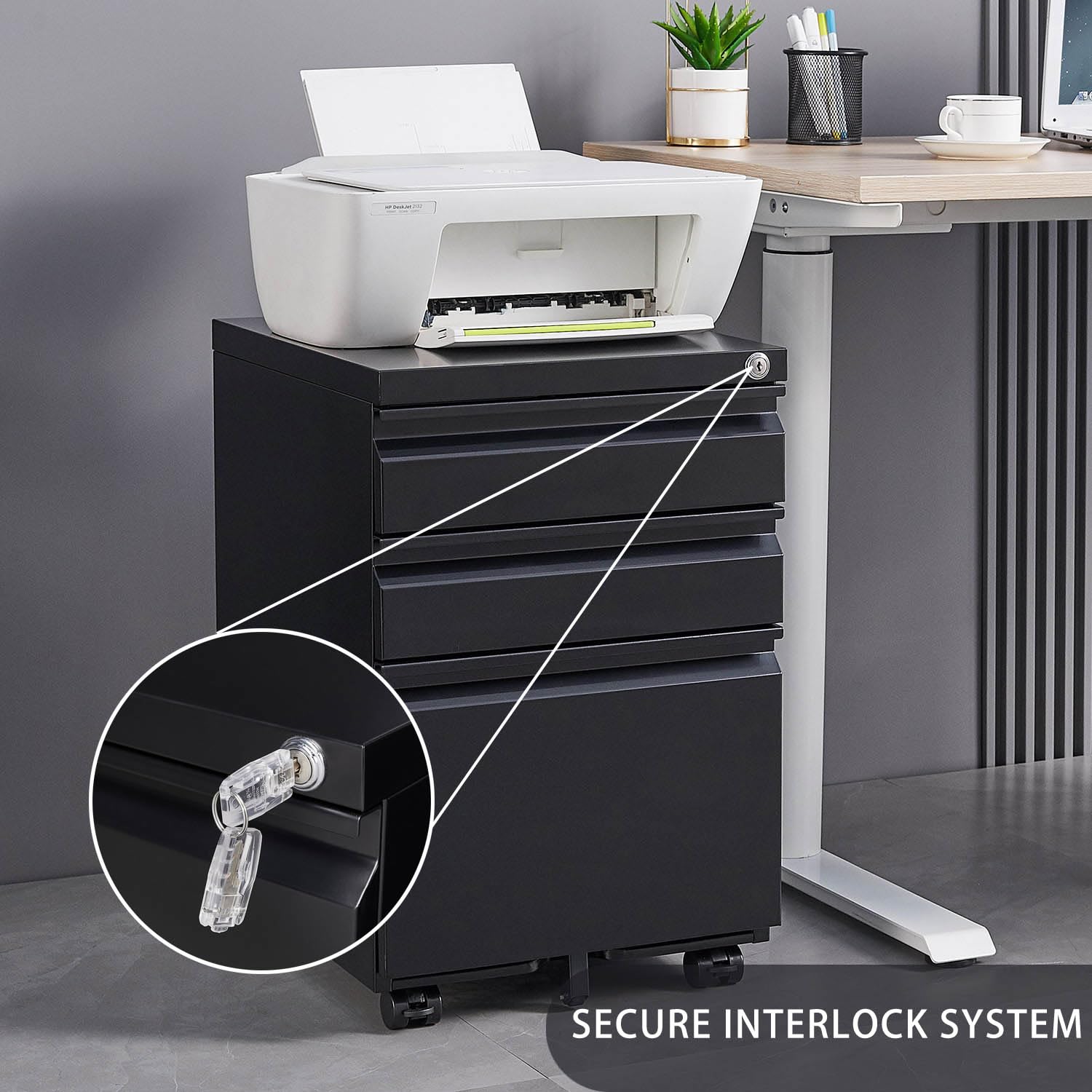 RIDFY Rolling File Cabinet with Lock, 3-Drawer Office Storage Filing Cabinet for Letter Size, Steel Metal Filing Cabinet for Home Office,Lateral File Cabinet for Place The Printer,Black