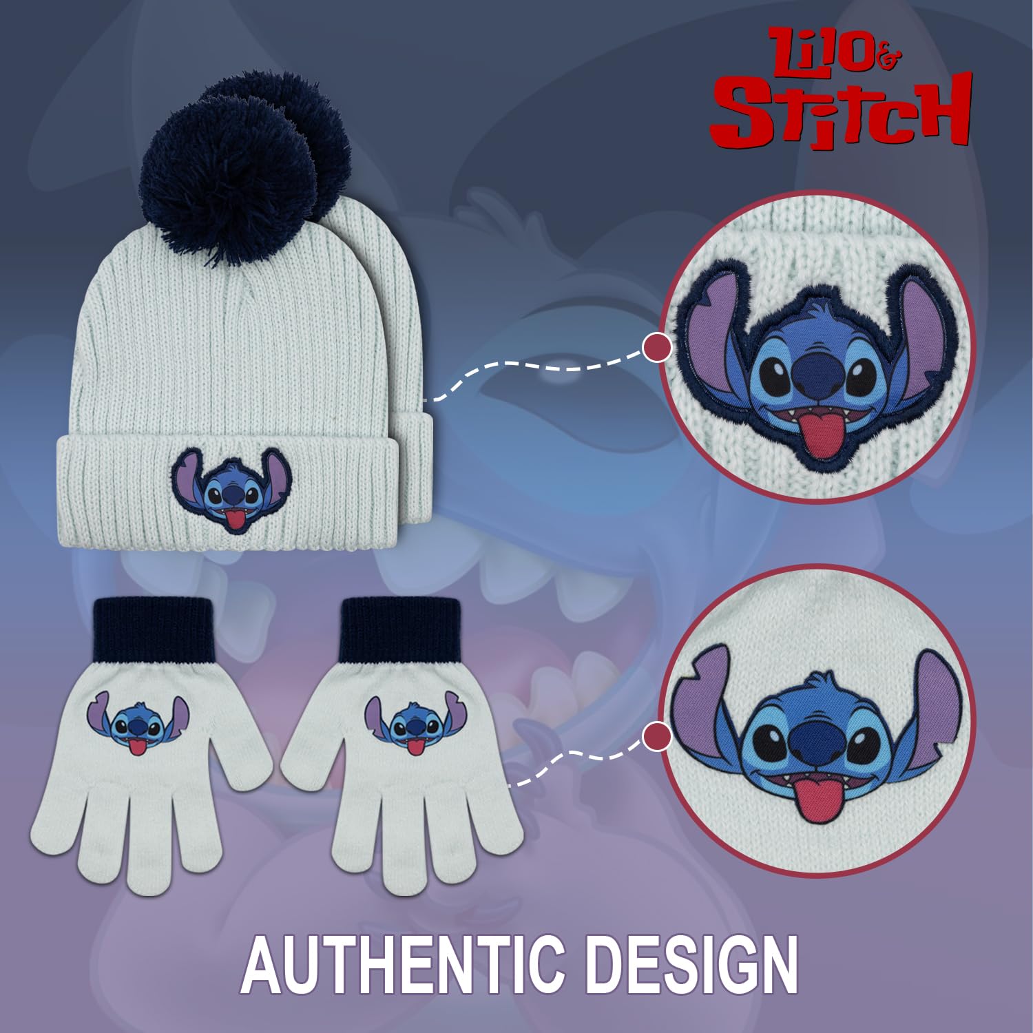 Disney Lilo and Stitch Kids Beanie Hat and Glove Set for Girls – Blue Stitch Hat for Girls Ages 5-13