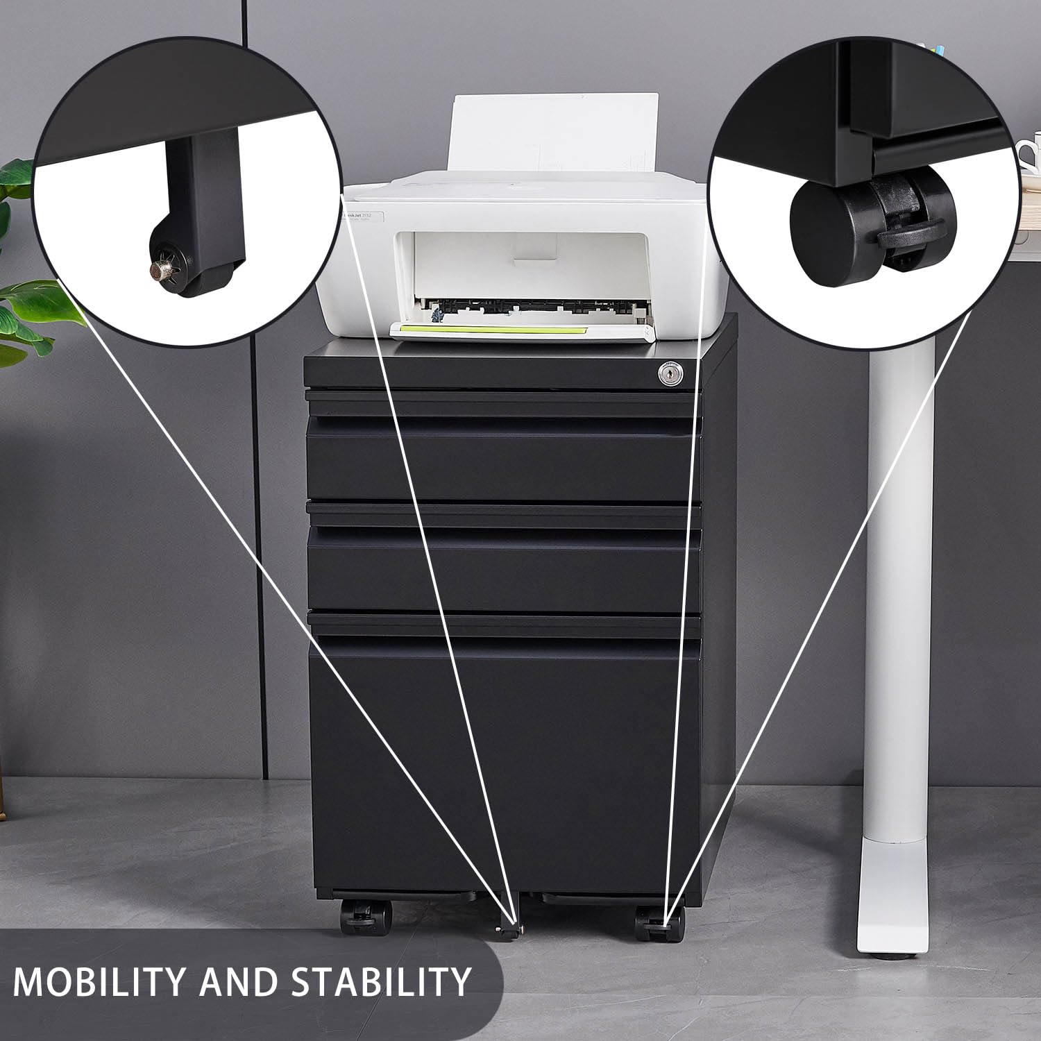 RIDFY Rolling File Cabinet with Lock, 3-Drawer Office Storage Filing Cabinet for Letter Size, Steel Metal Filing Cabinet for Home Office,Lateral File Cabinet for Place The Printer,Black