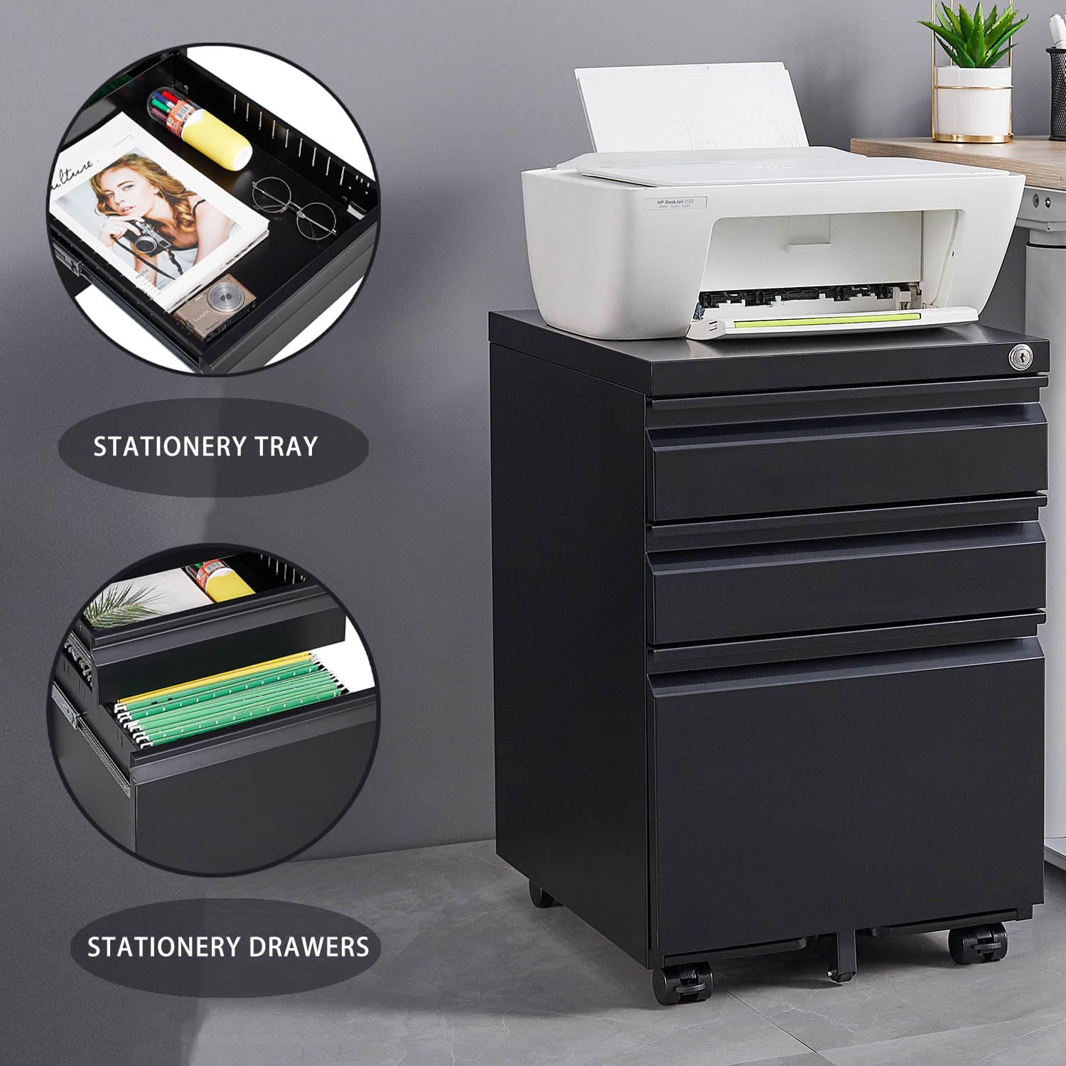 RIDFY Rolling File Cabinet with Lock, 3-Drawer Office Storage Filing Cabinet for Letter Size, Steel Metal Filing Cabinet for Home Office,Lateral File Cabinet for Place The Printer,Black