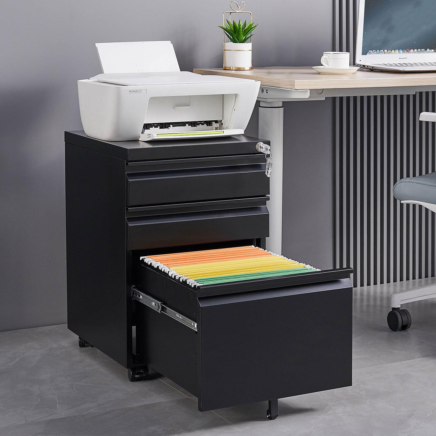 RIDFY Rolling File Cabinet with Lock, 3-Drawer Office Storage Filing Cabinet for Letter Size, Steel Metal Filing Cabinet for Home Office,Lateral File Cabinet for Place The Printer,Black