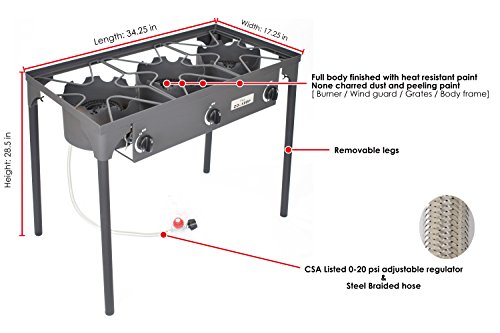 COOKAMP High Pressure Triple Burner Outdoor Propane Camping Stove with 0-20 PSI Adjustable High Pressuer Regulator and Steel Braided Hose 3 Burner Stove Brewing Supply SA3500