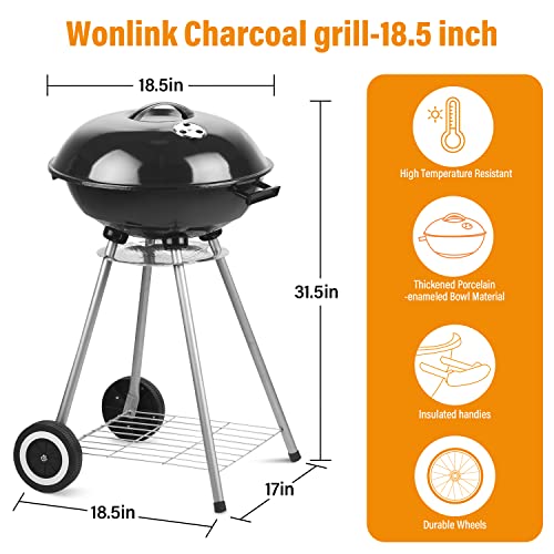 Wonlink Portable Charcoal Grill, 18.5 Inch Camping BBQ Grill with Wheels for Outdoor Cooking Picnic Barbecue