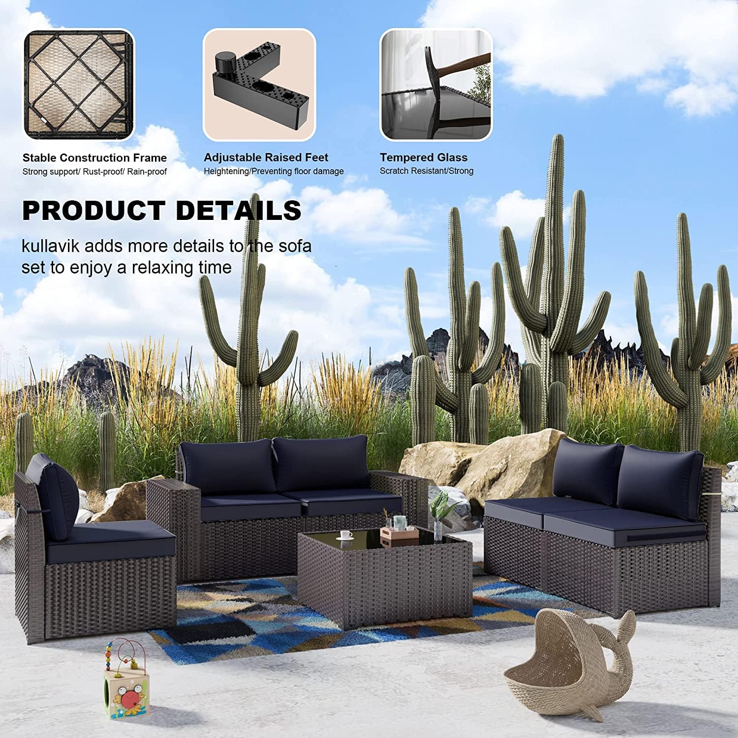 Kullavik 12PCS Outdoor Patio Furniture Set PE Wicker Rattan Sectional Sofa Patio Conversation Sets,Navy Blue