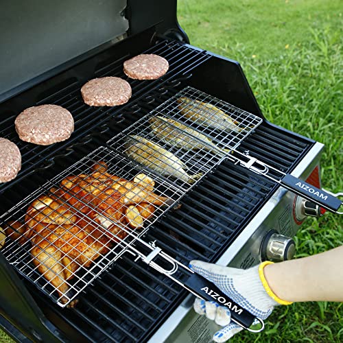 AIZOAM Grill Basket Stainless Steel BBQ Grilling Basket Large Folding Grill Basket with Removable Handle. Grill Basket for Fish,Vegetables Great Useful BBQ Accessories Grilling Gifts for Men Dad