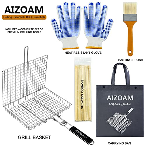AIZOAM Grill Basket Stainless Steel BBQ Grilling Basket Large Folding Grill Basket with Removable Handle. Grill Basket for Fish,Vegetables Great Useful BBQ Accessories Grilling Gifts for Men Dad