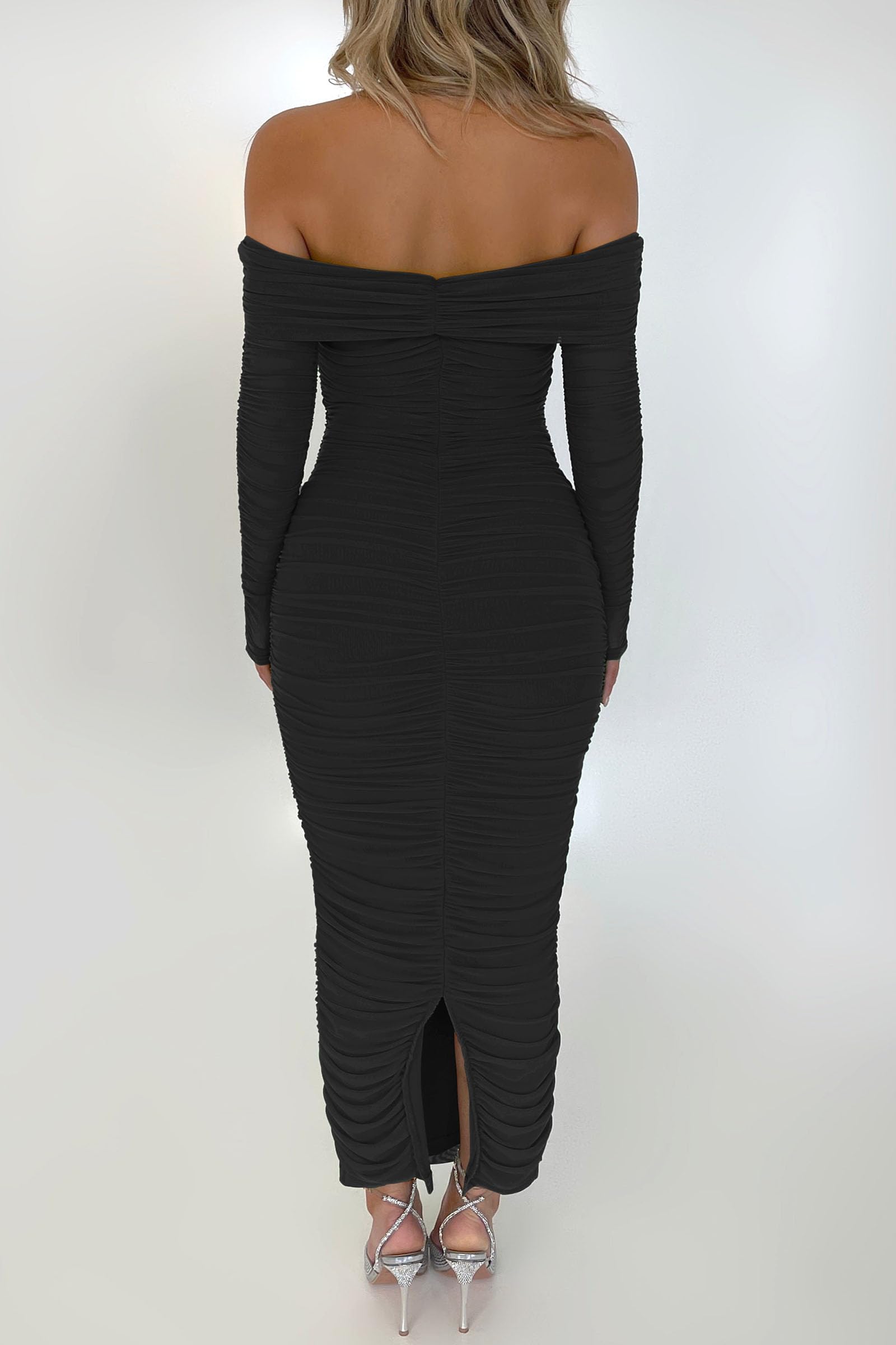 PRETTYGARDEN Women's Fall Off Shoulder Maxi Bodycon Dress Long Sleeve Ruched Fitted Club Dresses with Slit (Black,Small)