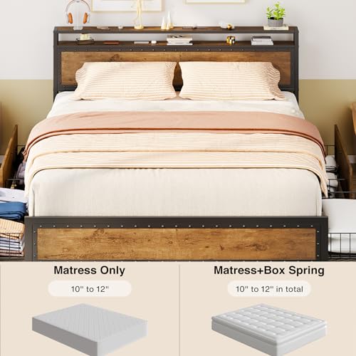 Gizoon Queen Bed Frame with Storage Headboard, 15 Iron Slats, Solid and Stable, Large Underbed Storage, No Box Spring Needed, Easy Assembly