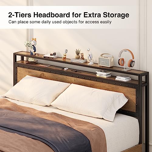 Gizoon Queen Bed Frame with Storage Headboard, 15 Iron Slats, Solid and Stable, Large Underbed Storage, No Box Spring Needed, Easy Assembly
