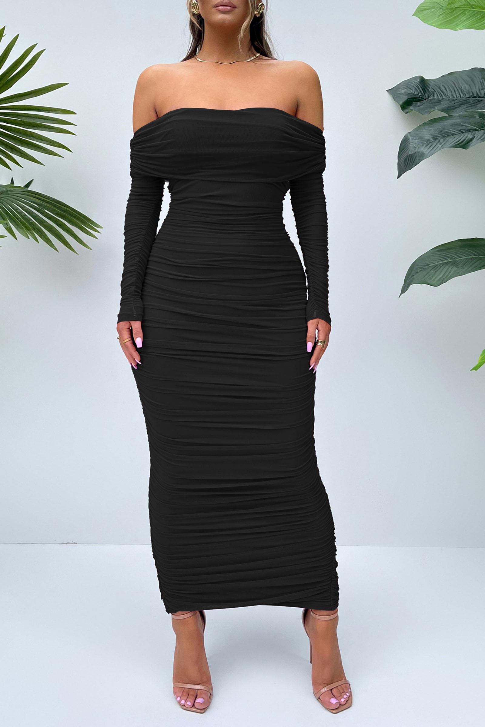 PRETTYGARDEN Women's Fall Off Shoulder Maxi Bodycon Dress Long Sleeve Ruched Fitted Club Dresses with Slit (Black,Small)
