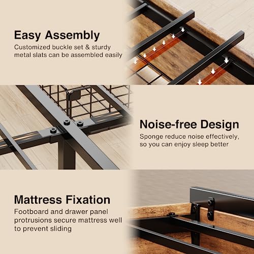 Gizoon Queen Bed Frame with Storage Headboard, 15 Iron Slats, Solid and Stable, Large Underbed Storage, No Box Spring Needed, Easy Assembly