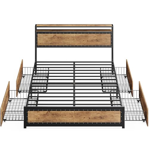 Gizoon Queen Bed Frame with Storage Headboard, 15 Iron Slats, Solid and Stable, Large Underbed Storage, No Box Spring Needed, Easy Assembly