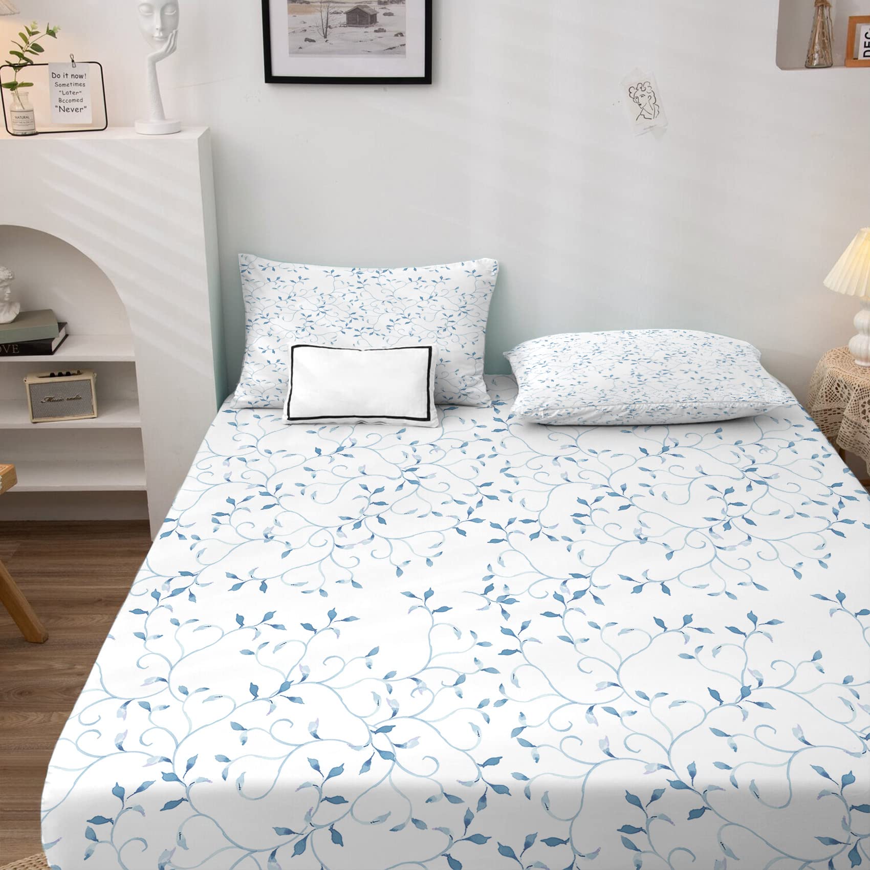 Plant Sheets Full Size, Leaves Botanical Bed Sheets, Patterned Bedding Sheets & Pillowcases 4 Piece Set - Soft Microfiber Deep Pocket Fitted Sheet & Flat Sheet & 2 Pillow Cases S3-&-11