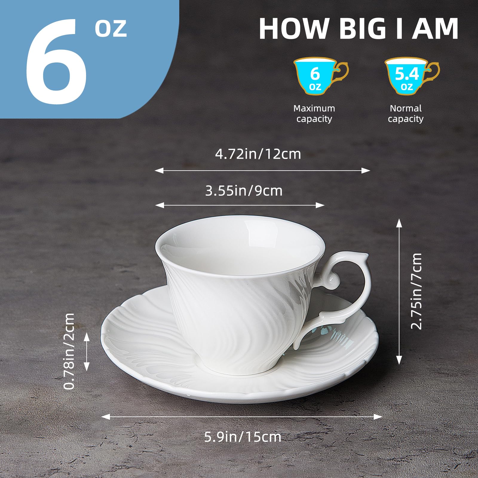 Agyiuns Tea Cups Set Of 4, Tea Cup And Saucer Set,6oz for Tea,Coffee, Latte, Cafe Mocha, Porcelain Tea Party Set (Pure white set of 4)