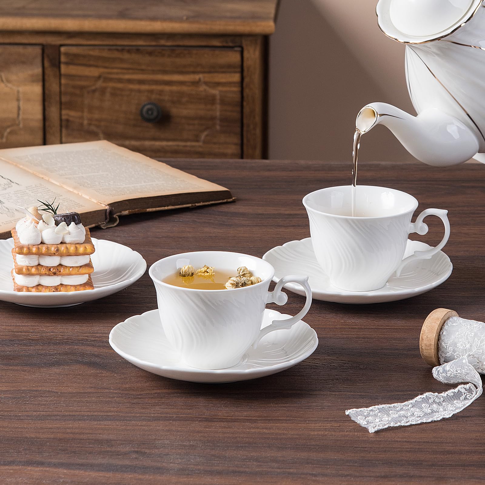 Agyiuns Tea Cups Set Of 4, Tea Cup And Saucer Set,6oz for Tea,Coffee, Latte, Cafe Mocha, Porcelain Tea Party Set (Pure white set of 4)