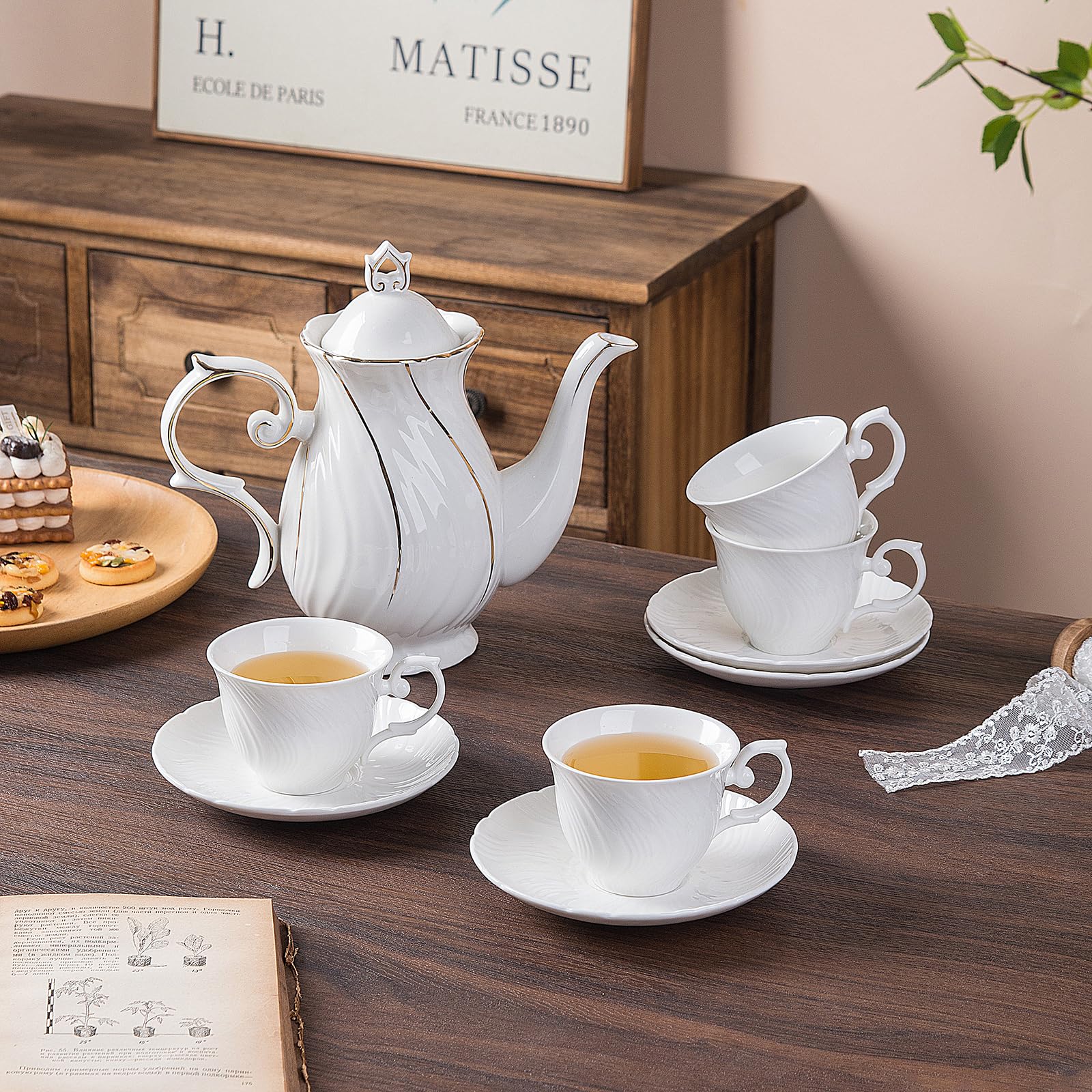 Agyiuns Tea Cups Set Of 4, Tea Cup And Saucer Set,6oz for Tea,Coffee, Latte, Cafe Mocha, Porcelain Tea Party Set (Pure white set of 4)
