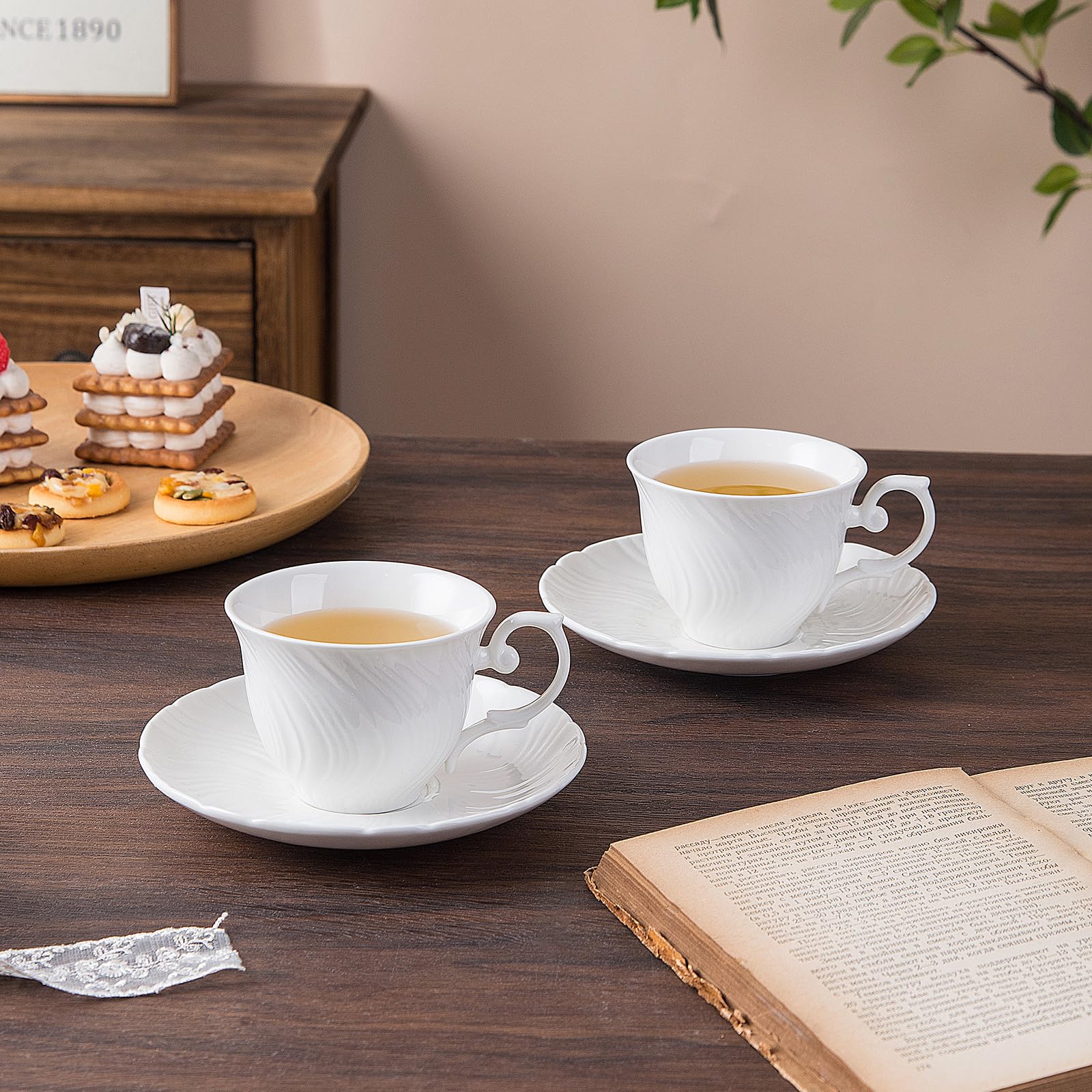 Agyiuns Tea Cups Set Of 4, Tea Cup And Saucer Set,6oz for Tea,Coffee, Latte, Cafe Mocha, Porcelain Tea Party Set (Pure white set of 4)