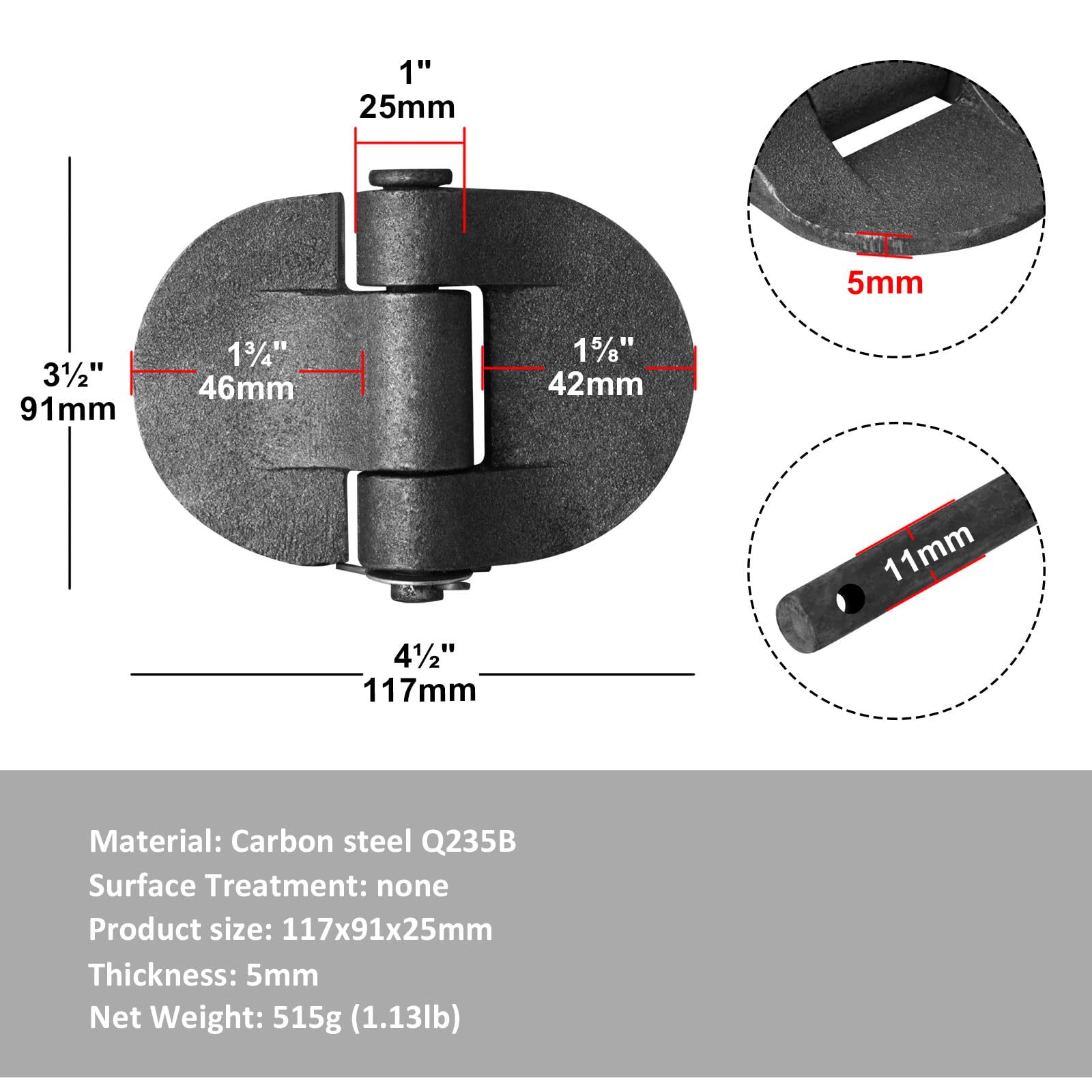 4 PCS 4-1/2"x 3-1/2" Weldable Heavy Duty Gate Hinges Folding Flip Round Edge Hinge with Removeable Pin, 180 Degree Weld on Hinges for Cabinet, Trailer Ramp Truck Cargo Gate Heavy Gates (5mm thickness)