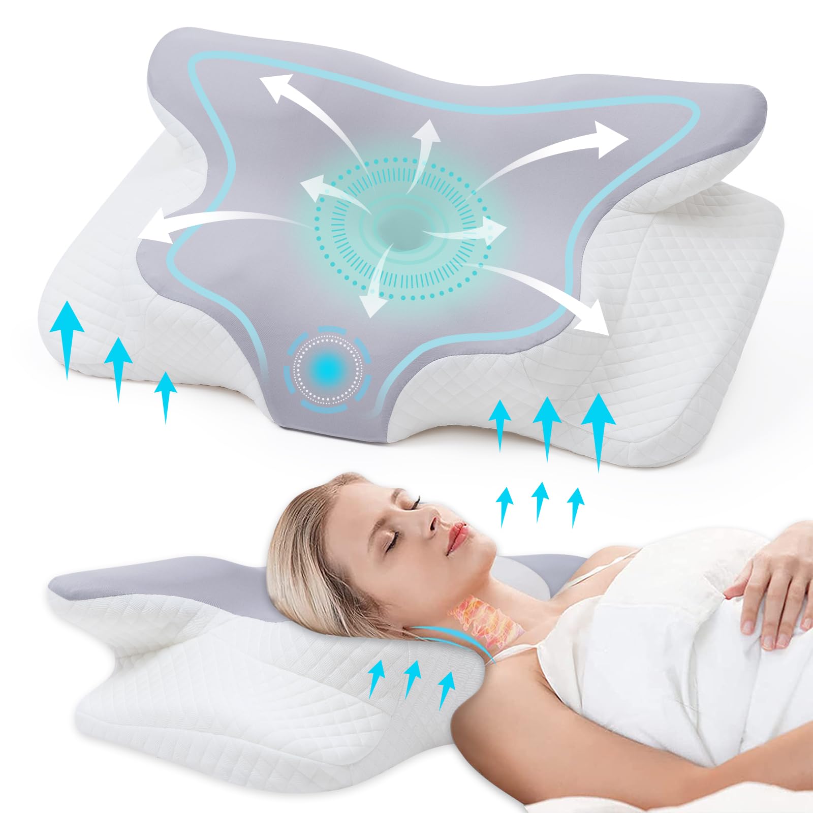 RXENDY Cervical Pillow for Neck Pain Relief,Memory Foam Neck Pillow with 2 Height,Side Stomach Sleeper Pillows for Adults,Breathable Pillowcase