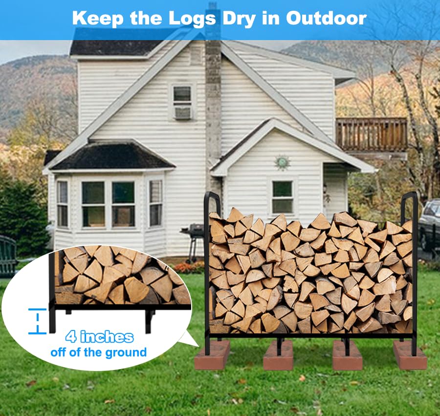 Tikimilor 4ft Firewood Rack Holder, Adjustable Heavy Duty Fire Log Stacker Stand for Fireplace, Outdoor Indoor Metal Wood Pile Storage Organizer, Patio Logs Stand tool, Black