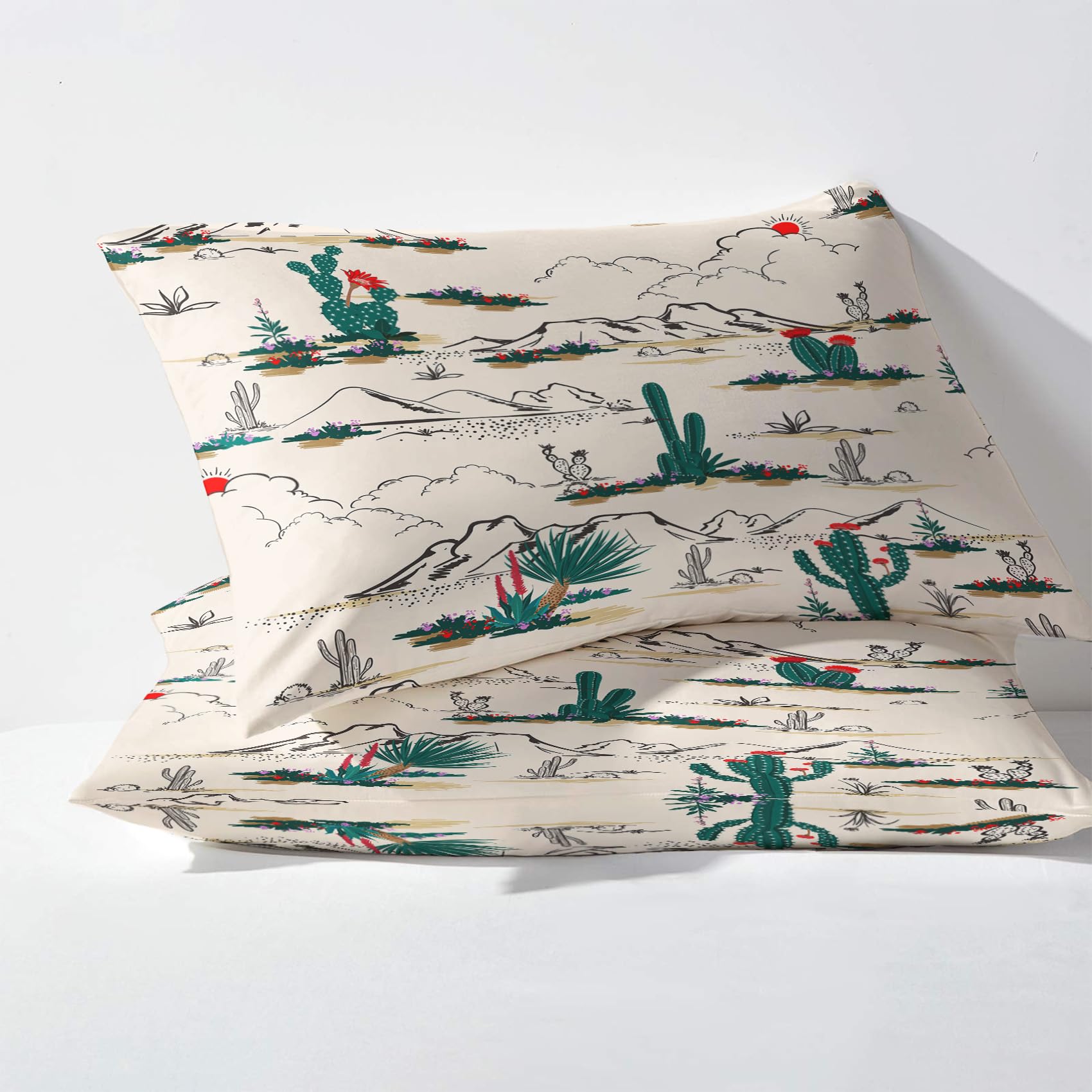 Cactus Sheets Full Size, Desert Landscape Bed Sheets, Patterned Bedding Sheets & Pillowcases 4 Piece Set - Soft Microfiber Deep Pocket Fitted Sheet & Flat Sheet & 2 Pillow Cases S3-&-184