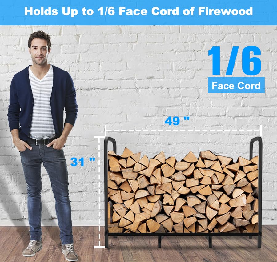 Tikimilor 4ft Firewood Rack Holder, Adjustable Heavy Duty Fire Log Stacker Stand for Fireplace, Outdoor Indoor Metal Wood Pile Storage Organizer, Patio Logs Stand tool, Black