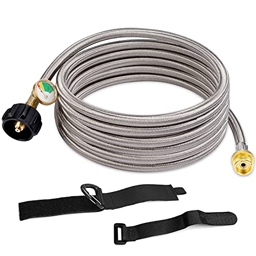 9 FT Stainless Braided Propane Hose with Gauge,Propane Tank Hose Adapter 5 lb-40 lb Converter for QCC1/Type1 Weber,Buddy Heater,Coleman Camp Stove,Tabletop Grill and More 1 lb Portable Appliance