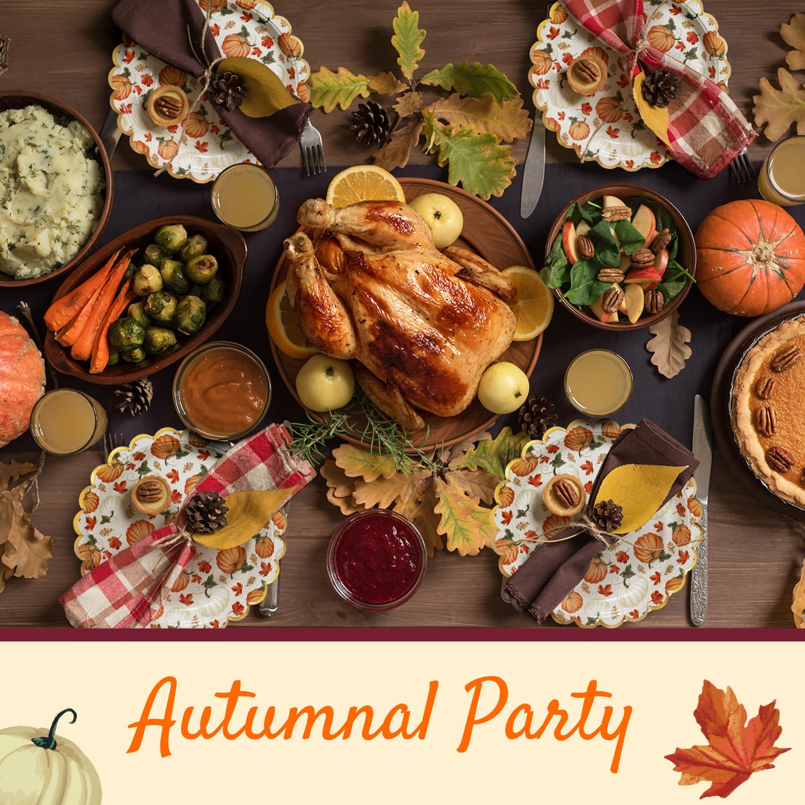 Confettiville Thanksgiving Paper Plates, 50-Count Disposable Thanksgiving Dinner Plates, Scalloped, Party Supplies, Pumpkins, Pale Yellow