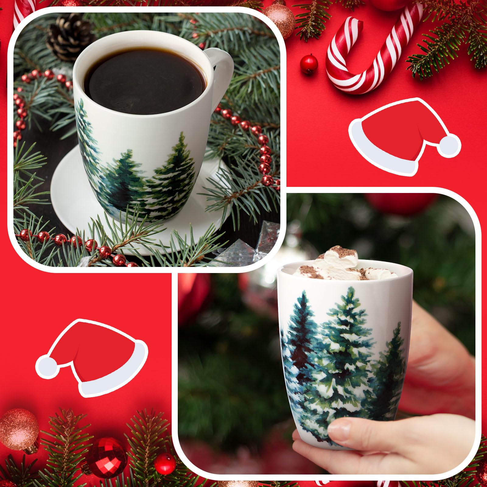 Suttmin 4 Pcs Christmas Tree Ceramic Mugs 12 oz Holiday Coffee Mugs Set Merry Christmas Coffee Mugs Green Tree Stackable Drinking Cups White Tea Cups for Coffee Milk Tea Hot Cocoa Xmas Winter Gifts