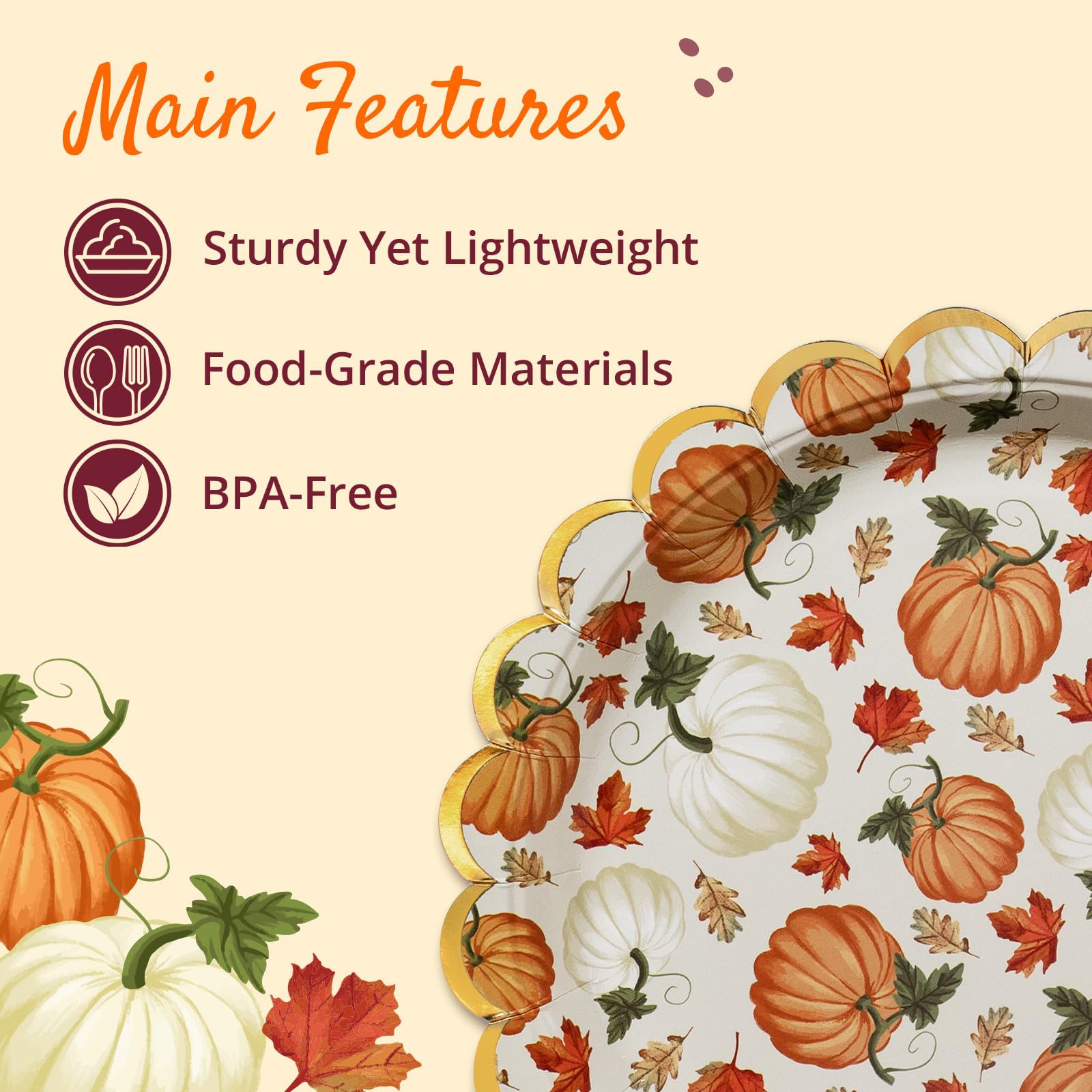 Confettiville Thanksgiving Paper Plates, 50-Count Disposable Thanksgiving Dinner Plates, Scalloped, Party Supplies, Pumpkins, Pale Yellow