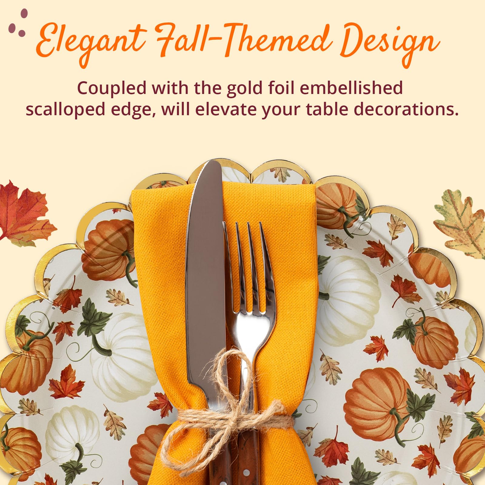 Confettiville Thanksgiving Paper Plates, 50-Count Disposable Thanksgiving Dinner Plates, Scalloped, Party Supplies, Pumpkins, Pale Yellow