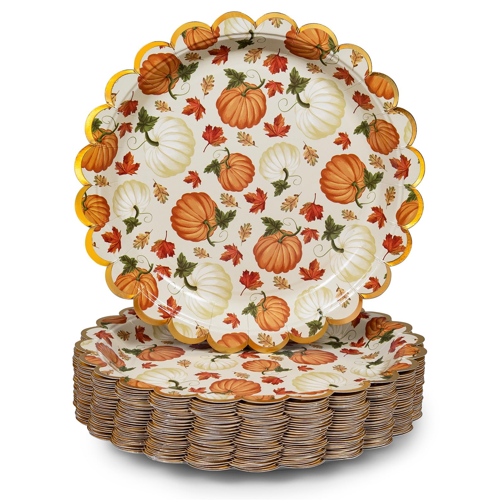 Confettiville Thanksgiving Paper Plates, 50-Count Disposable Thanksgiving Dinner Plates, Scalloped, Party Supplies, Pumpkins, Pale Yellow