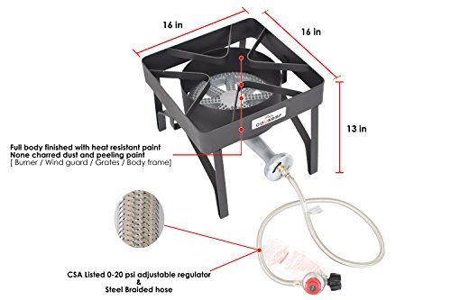 COOKAMP High Pressure Banjo 1-Burner Outdoor Propane Burner Gas Cooker with 0-30 PSI Adjustable Regulator and Steel Braided Hose SA1250