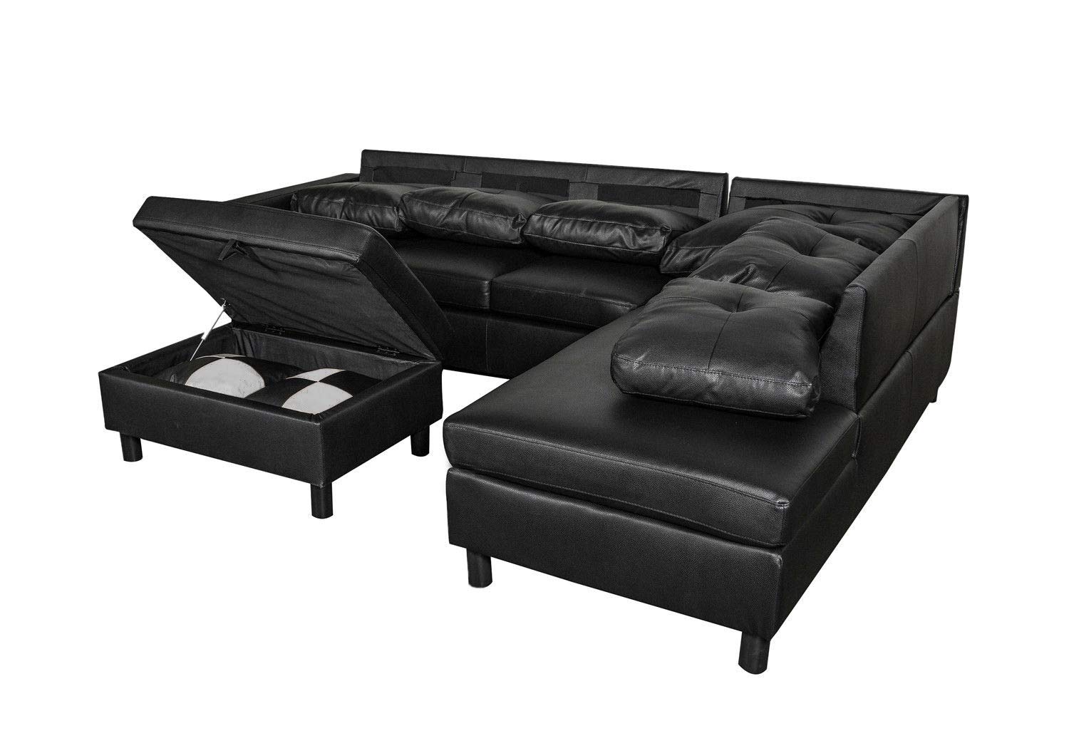 OPTOUGH Black Faux Leather Sectional Sofa, L Shaped Couch with Right Chaise Storage Ottoman & 2 Pillows for Living Room Furniture Sets