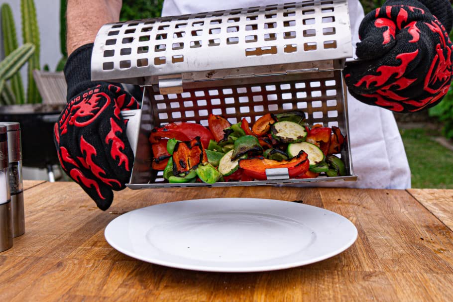 BBQ Dragon | Rolling Grill Basket | Food Grade Stainless Steel Grilling Basket | 13.5βx5.6β Cylinder | Vegetables, Shrimp, Fish, Chicken Wings | Snap Close Lid | Dishwasher Safe | Grilling Accessory