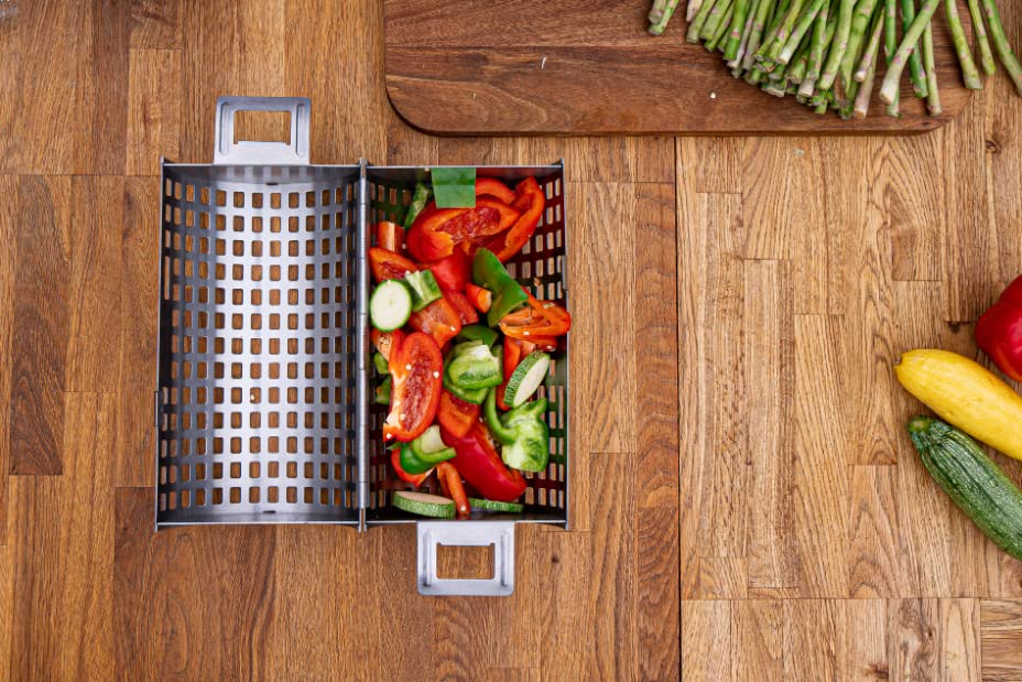 BBQ Dragon | Rolling Grill Basket | Food Grade Stainless Steel Grilling Basket | 13.5βx5.6β Cylinder | Vegetables, Shrimp, Fish, Chicken Wings | Snap Close Lid | Dishwasher Safe | Grilling Accessory