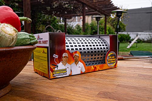 BBQ Dragon | Rolling Grill Basket | Food Grade Stainless Steel Grilling Basket | 13.5βx5.6β Cylinder | Vegetables, Shrimp, Fish, Chicken Wings | Snap Close Lid | Dishwasher Safe | Grilling Accessory