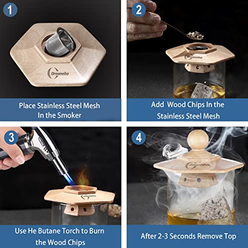 Cocktail Smoker Kit with Torch,Old Fashioned Smoker Kit with 6 Flavour Wood Chips and 4 Ice Cube Whiskey Stone for Bar Lovers,Father,Husband (Butane Not Included)