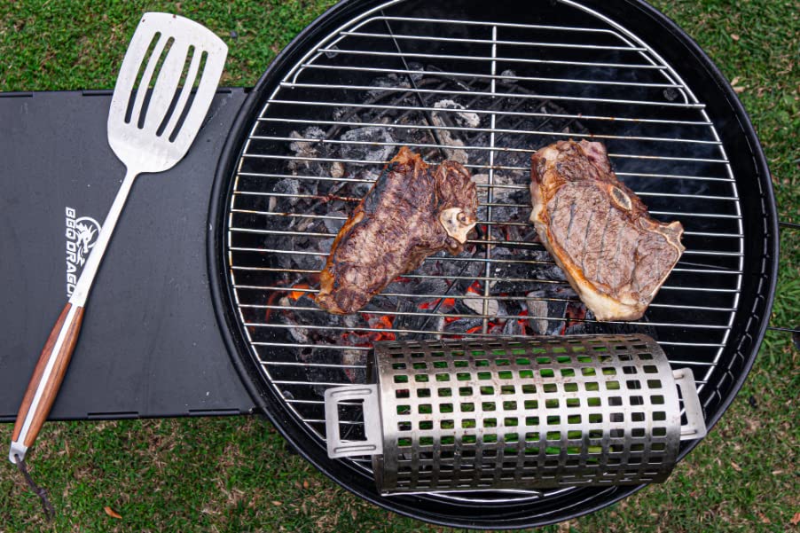 BBQ Dragon | Rolling Grill Basket | Food Grade Stainless Steel Grilling Basket | 13.5βx5.6β Cylinder | Vegetables, Shrimp, Fish, Chicken Wings | Snap Close Lid | Dishwasher Safe | Grilling Accessory